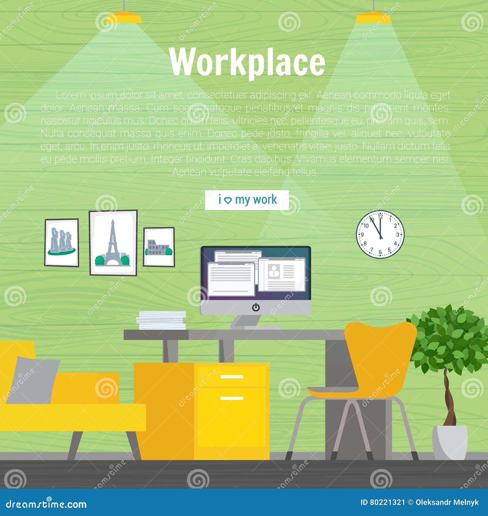 Table and Work on the Computer. Business, Office , Workplace Yellow ...