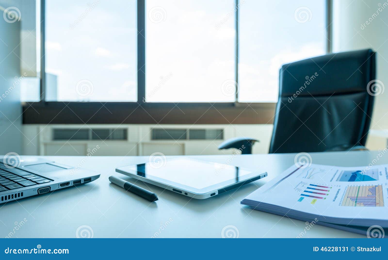 Table Work in Empty Office Room with Tablet and Report Stock Image ...
