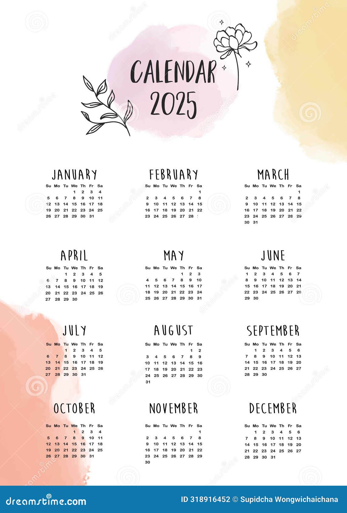 2025 Table Yearly Calendar Week Start on Sunday with Flower that Use ...