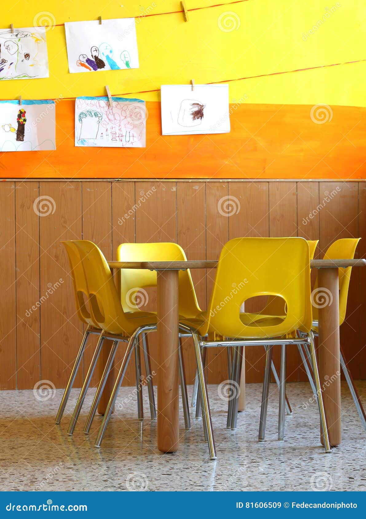 Table and Yellow Chairs in the Classroom Stock Image - Image of table ...
