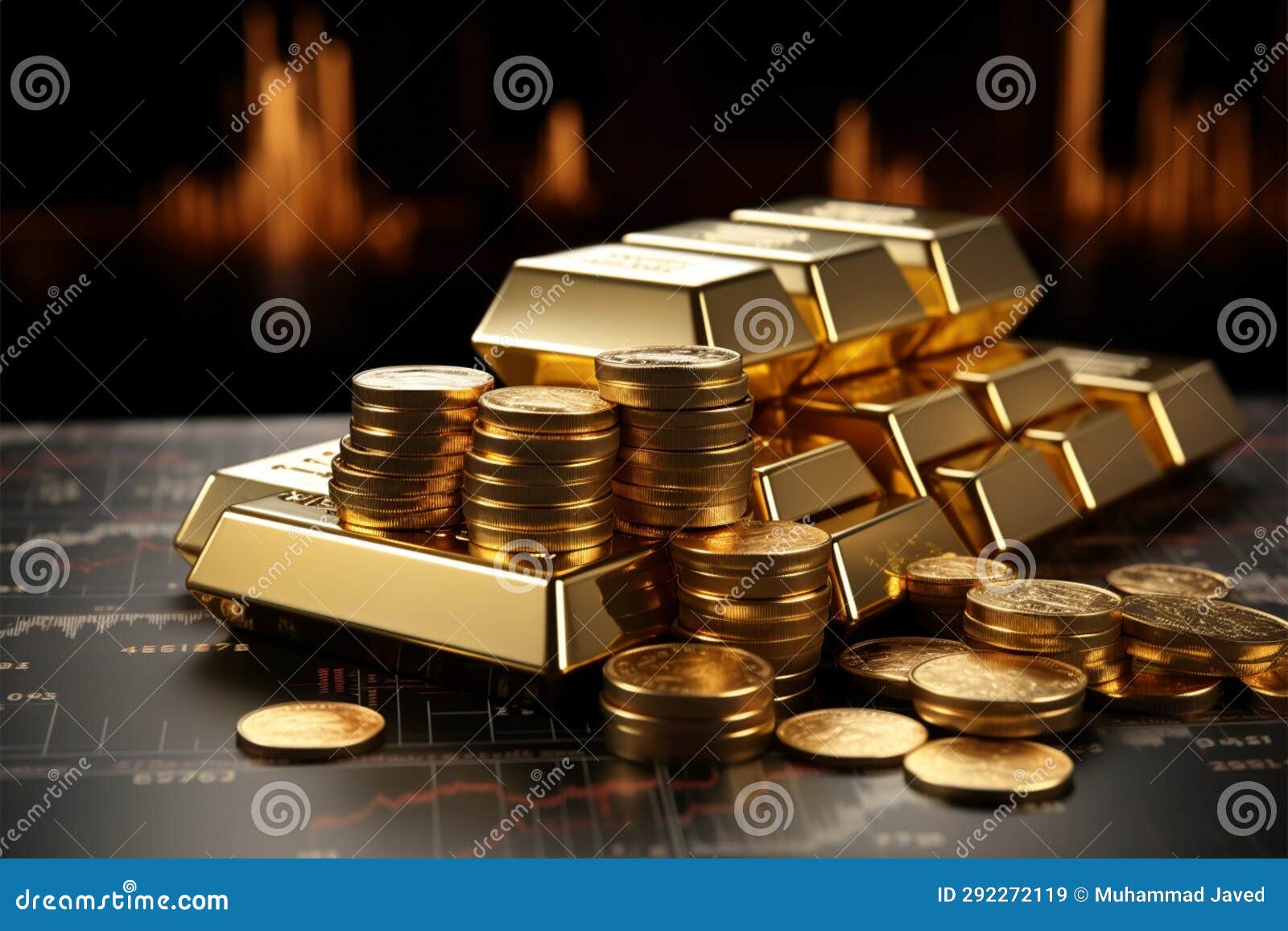 A Tableau of Gold Bars, Coins, and a Financial Chart Stock Illustration ...