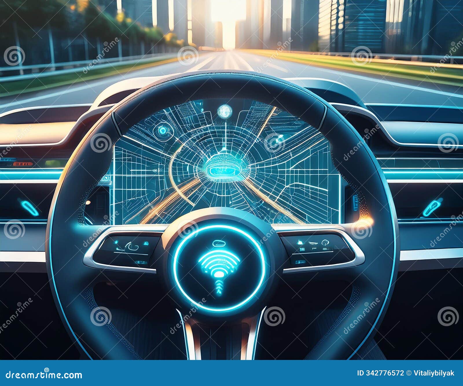 Tablero De Mandos De Auto Auto-conducido Con Mapa Digital Stock de ...