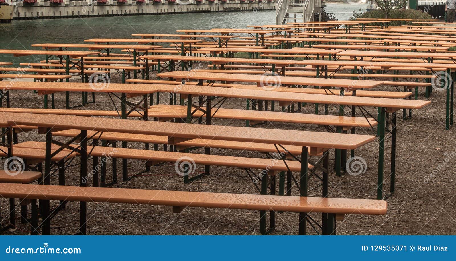 Tables and Benches by River Walk Stock Image - Image of walk, wood ...