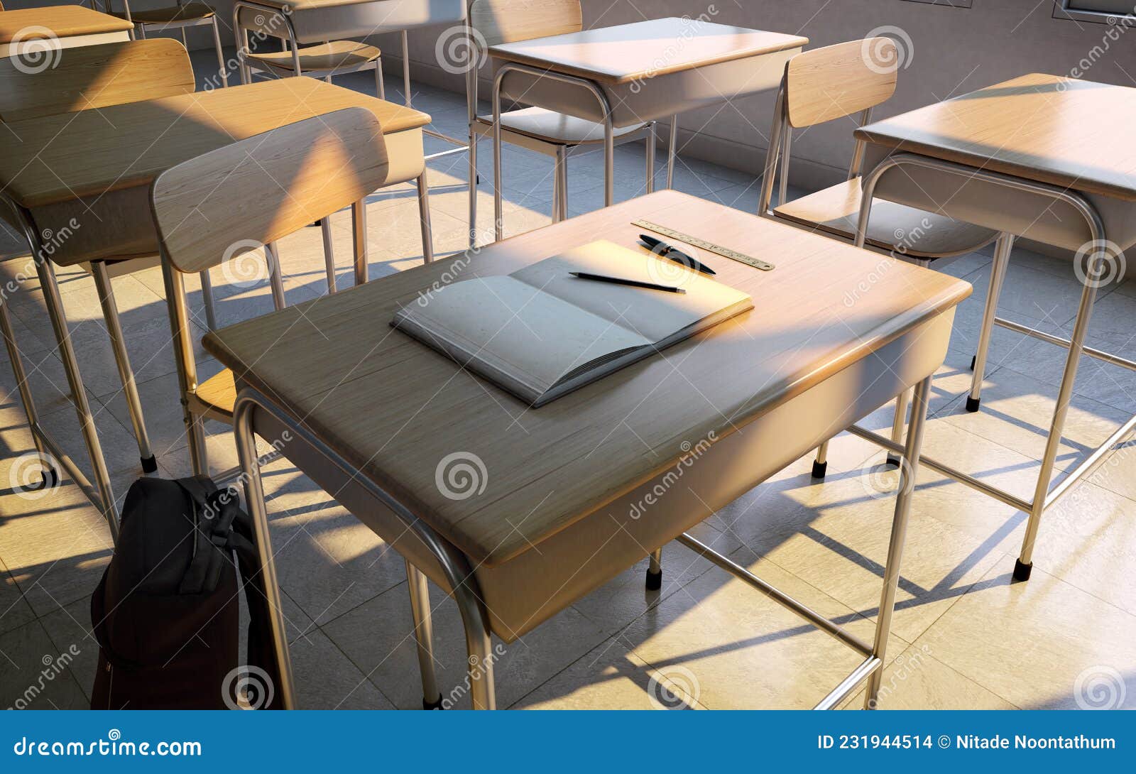 Tables and Chairs in the Classroom with Notebook,pencil and Ruler ...