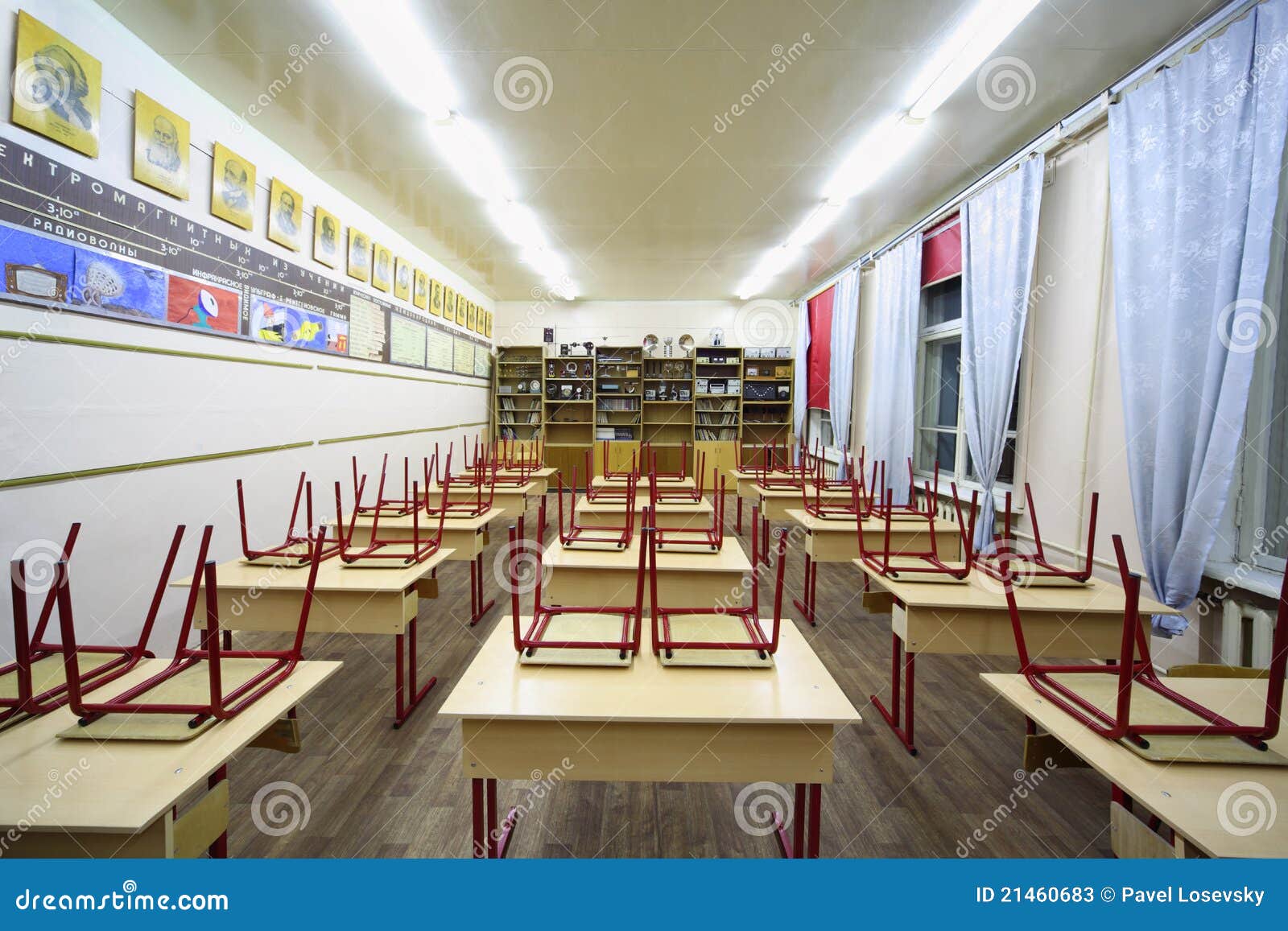 Tables and Chairs Inside School Class Stock Image - Image of lamp ...