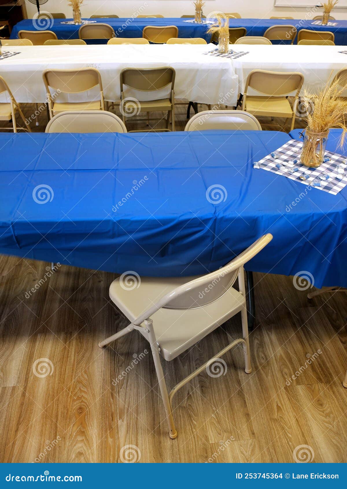 Tables and Chairs Set Up for a Party Blue and White Tablecloth Table ...