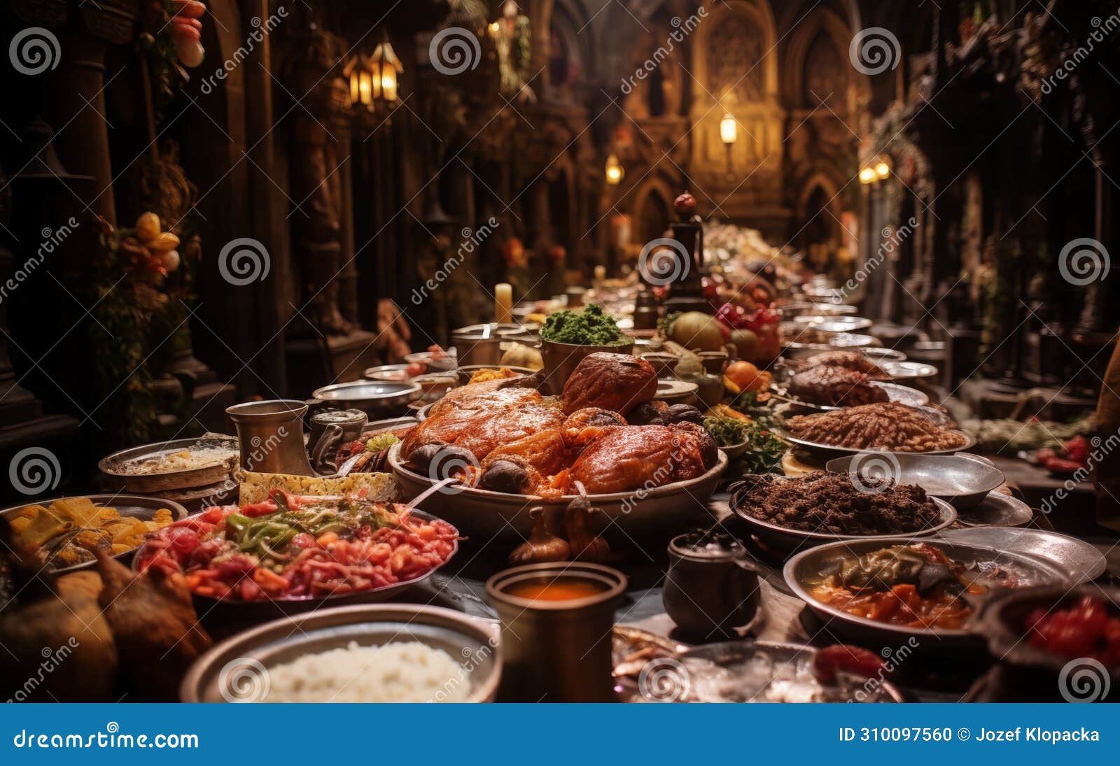 Tables Full of Food. Medieval Feast. Stock Illustration - Illustration ...