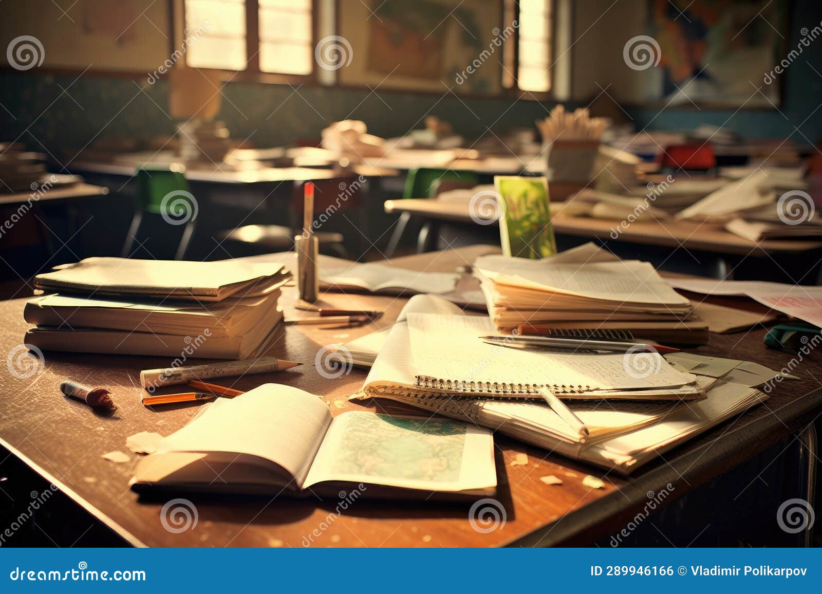 Tables in the School Classroom with Notebooks and Textbooks Stock Photo ...