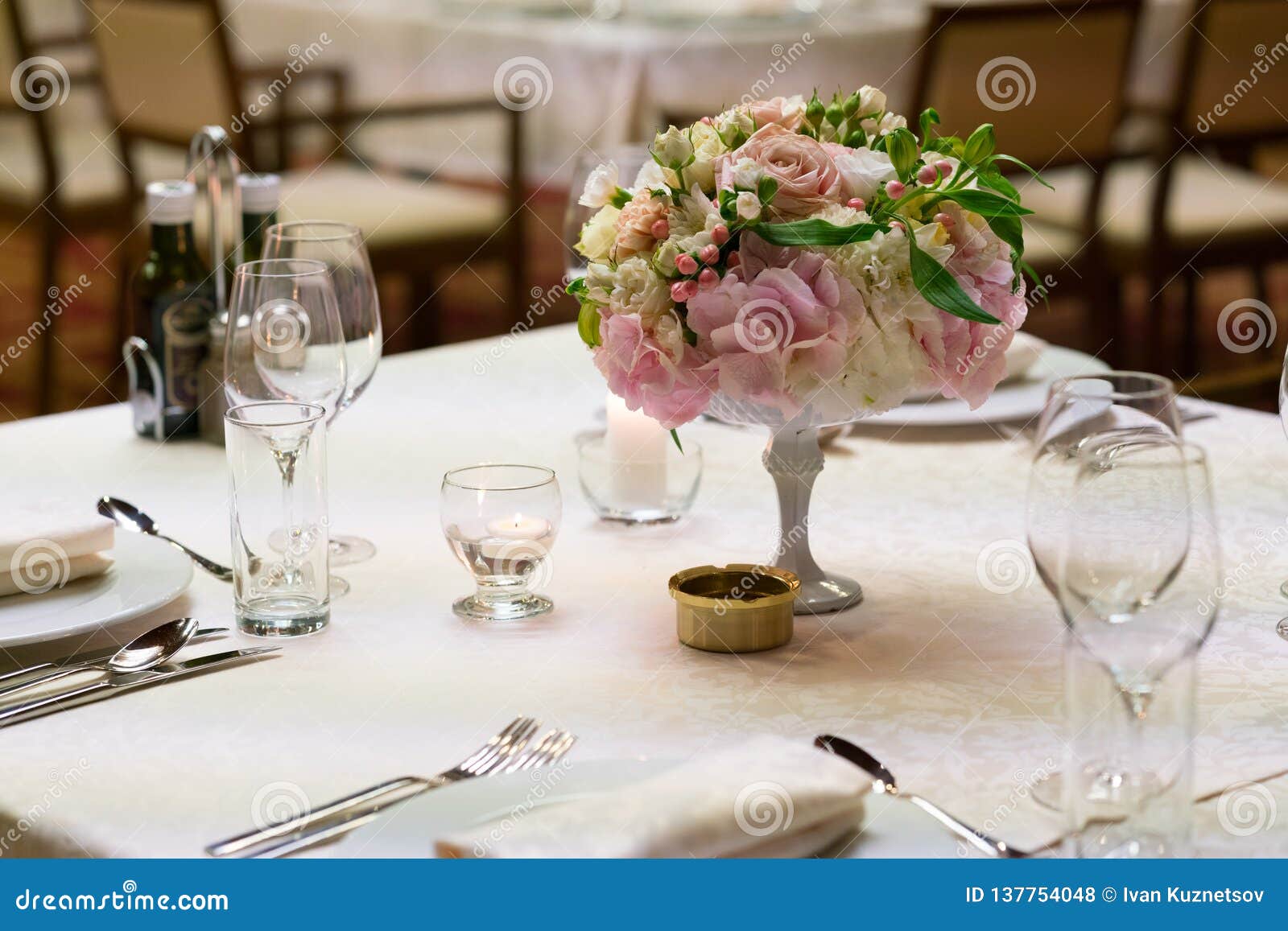 Tables Served and Decorated with Flowers for a Wedding Dinner Stock ...