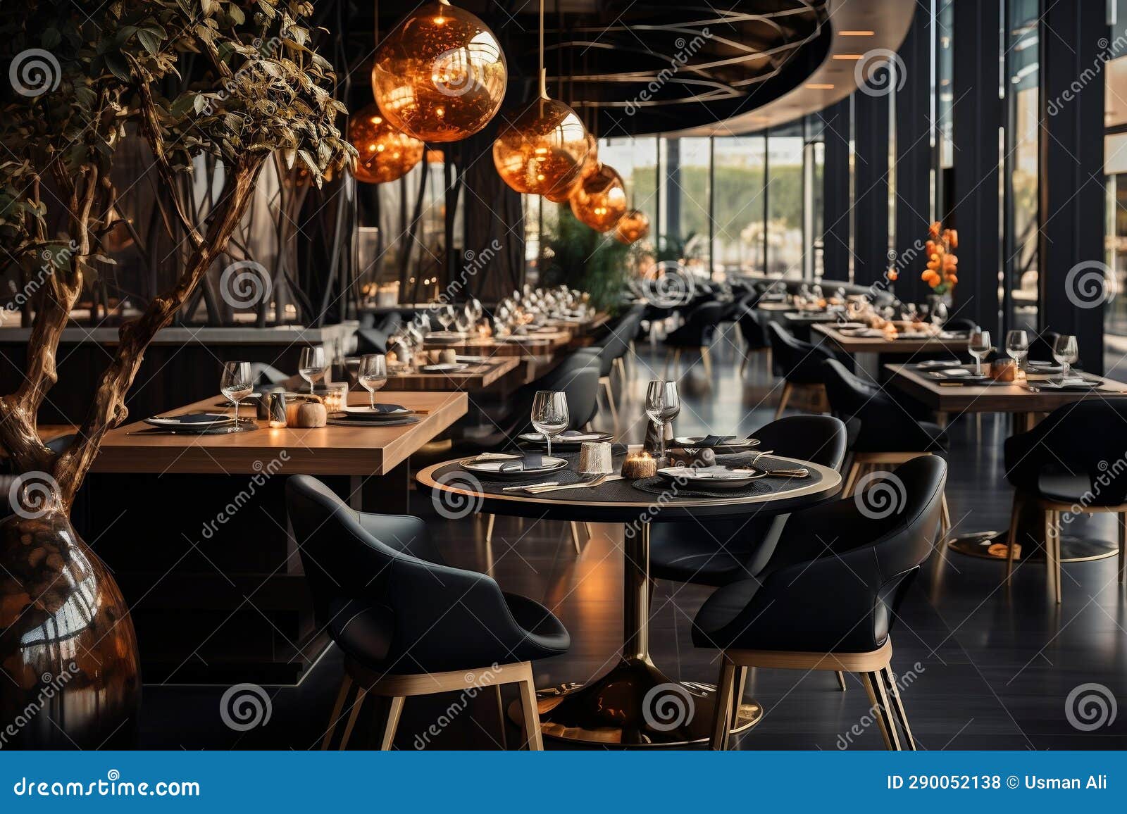 Tables Set in Upscale Restaurant with Modern Atmosphere. AI Stock Photo ...