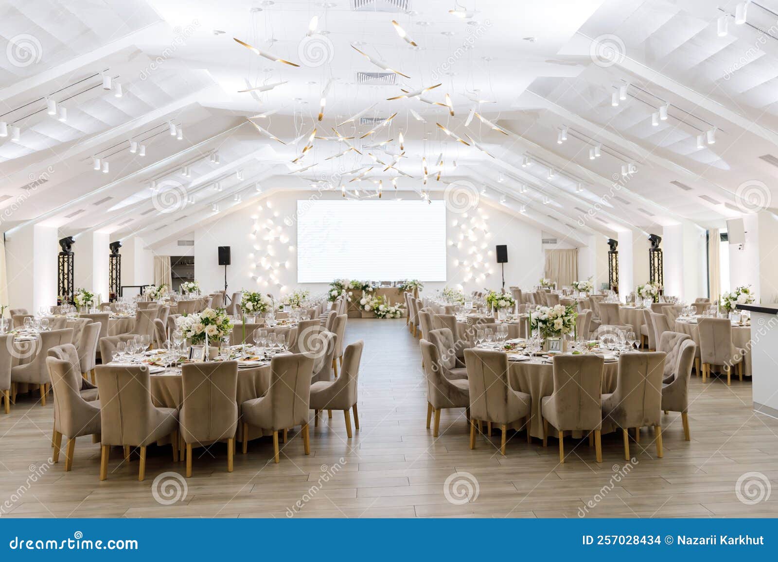 Tables Setting at a Luxury Wedding. Table for Guests. Dishes and Drinks ...
