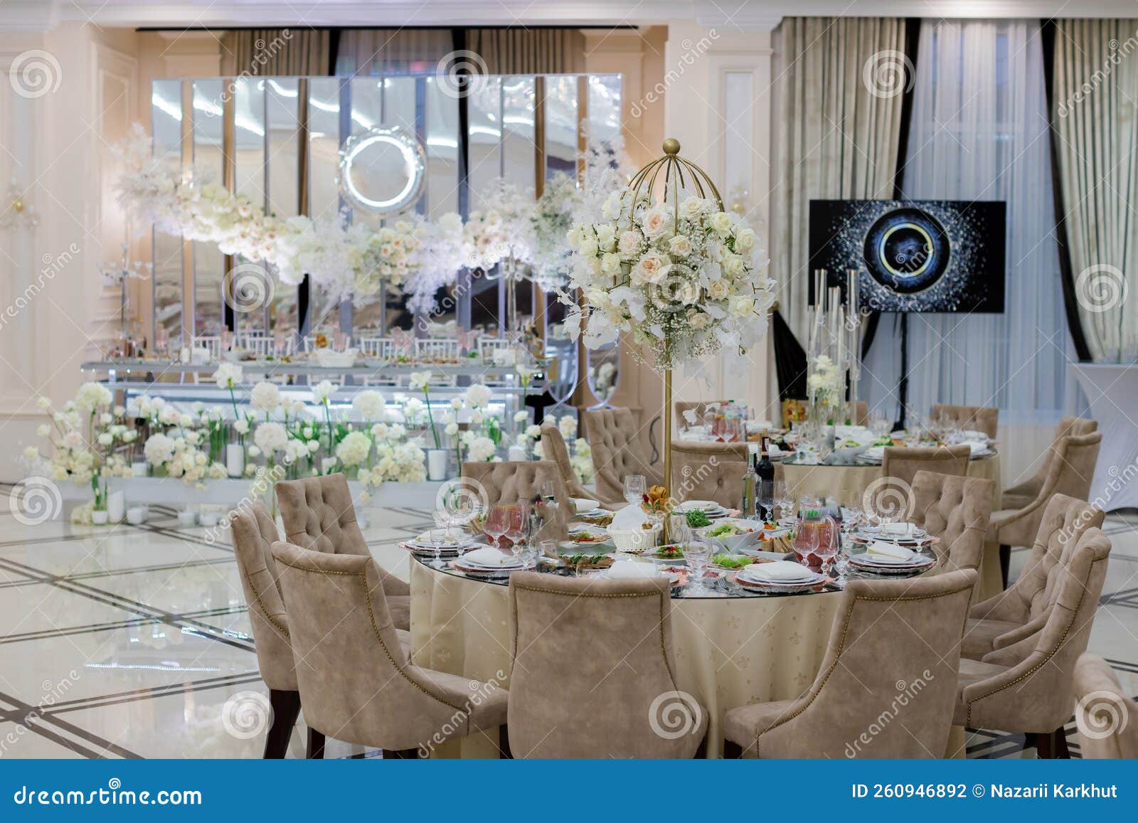 Tables Setting at a Luxury Wedding. Table for Guests. Dishes and Drinks ...