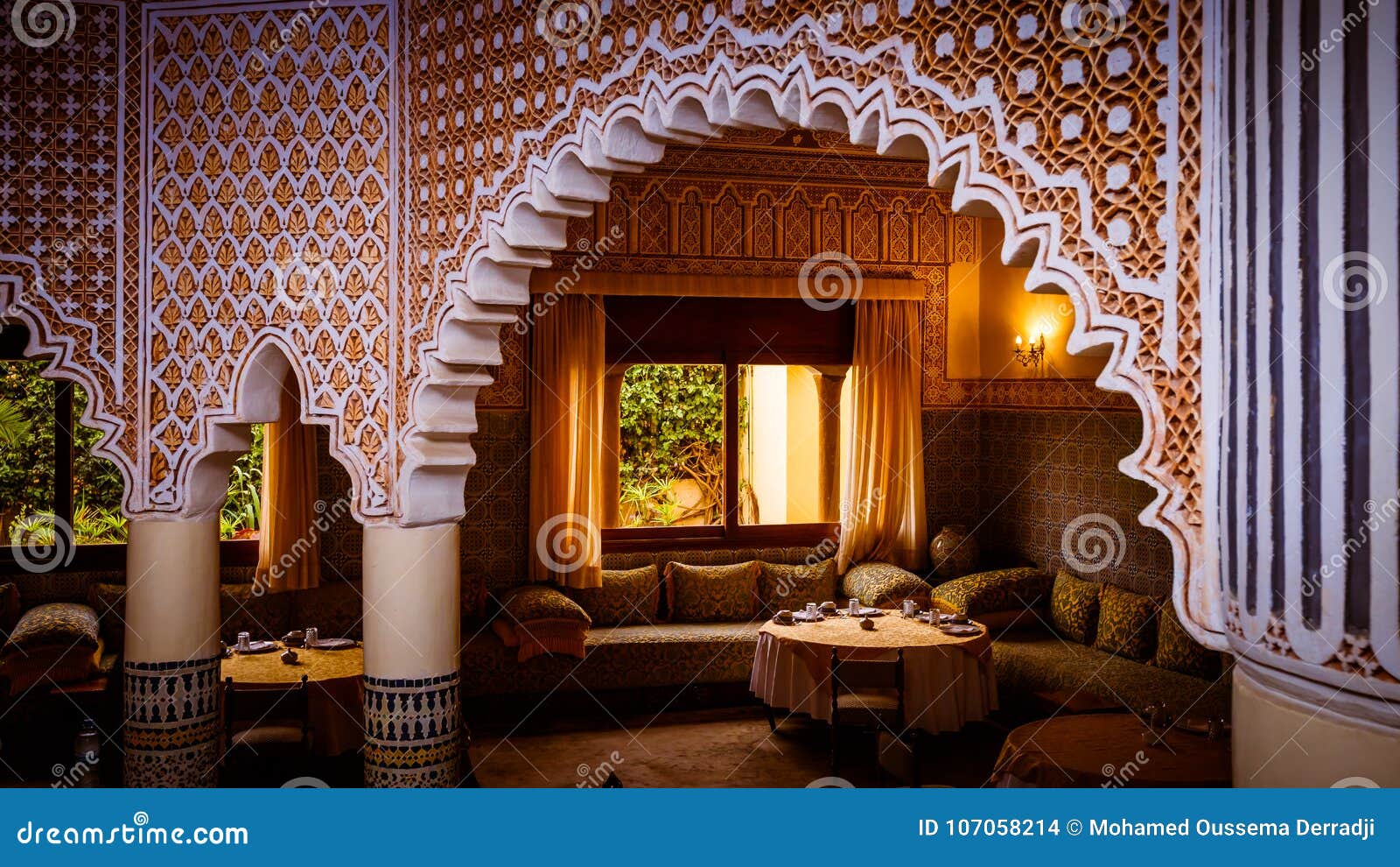 Tables in Traditional Arabian Illuminated Interior Stock Photo - Image ...