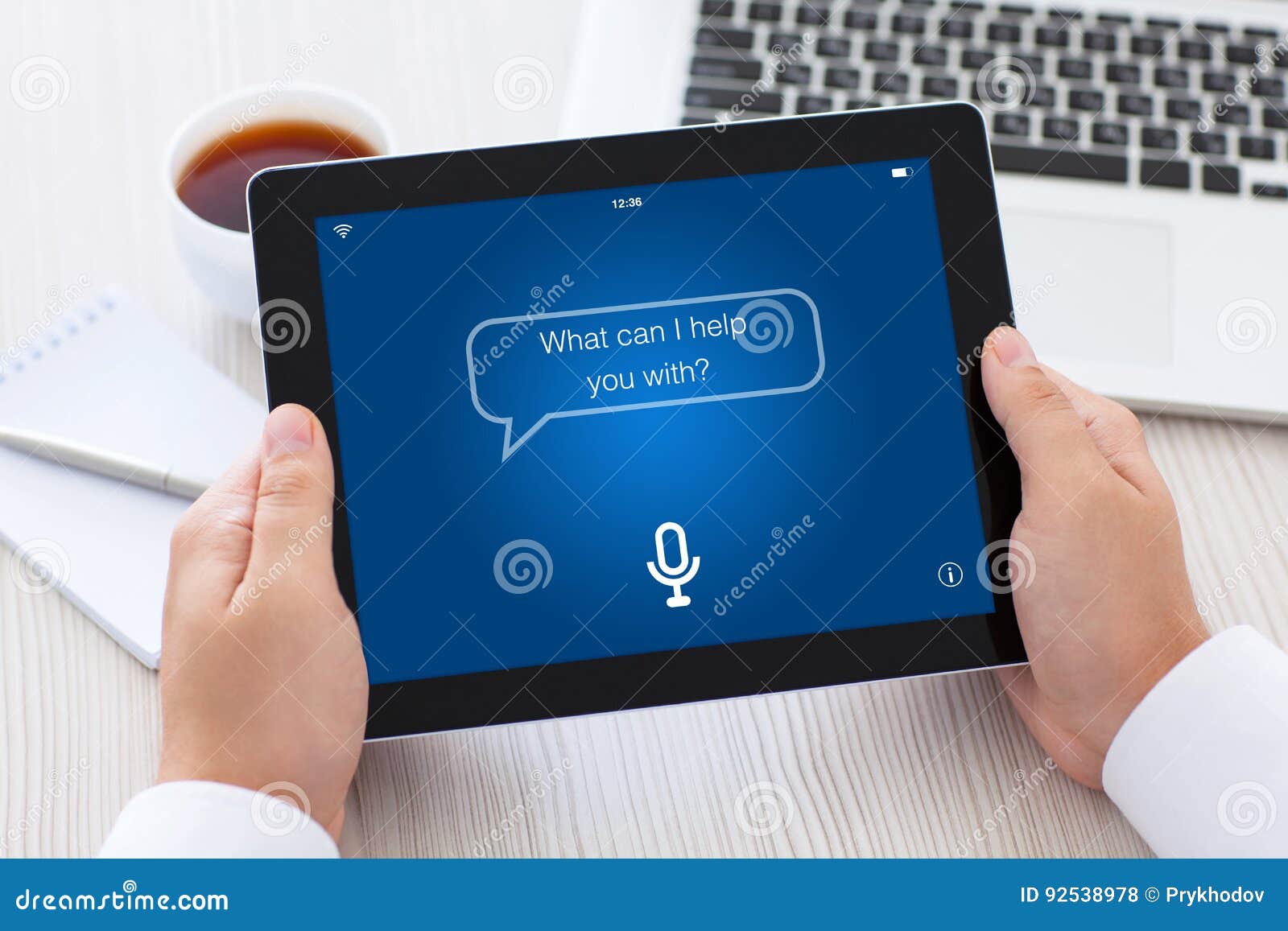 Tablet with App Personal Assistant on Screen in Male Hands Stock Photo ...