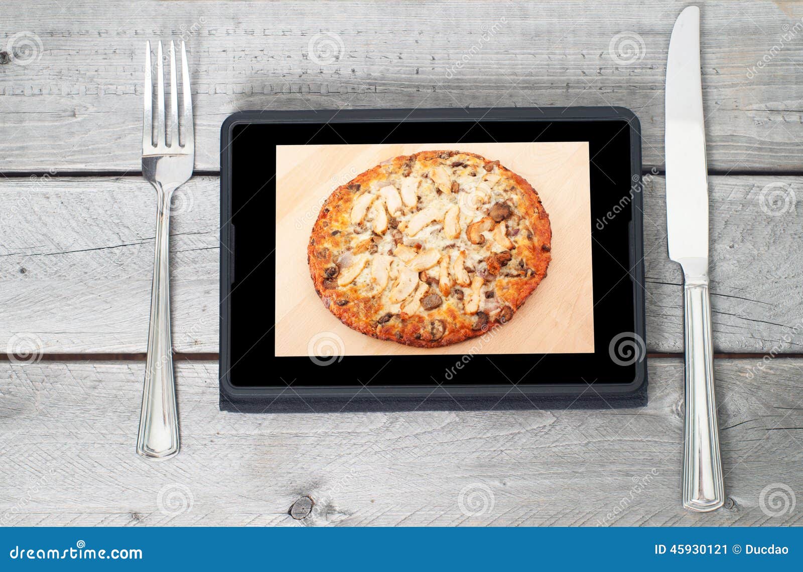 Tablet with an Appetizing Chicken Pizza Stock Image - Image of computer ...