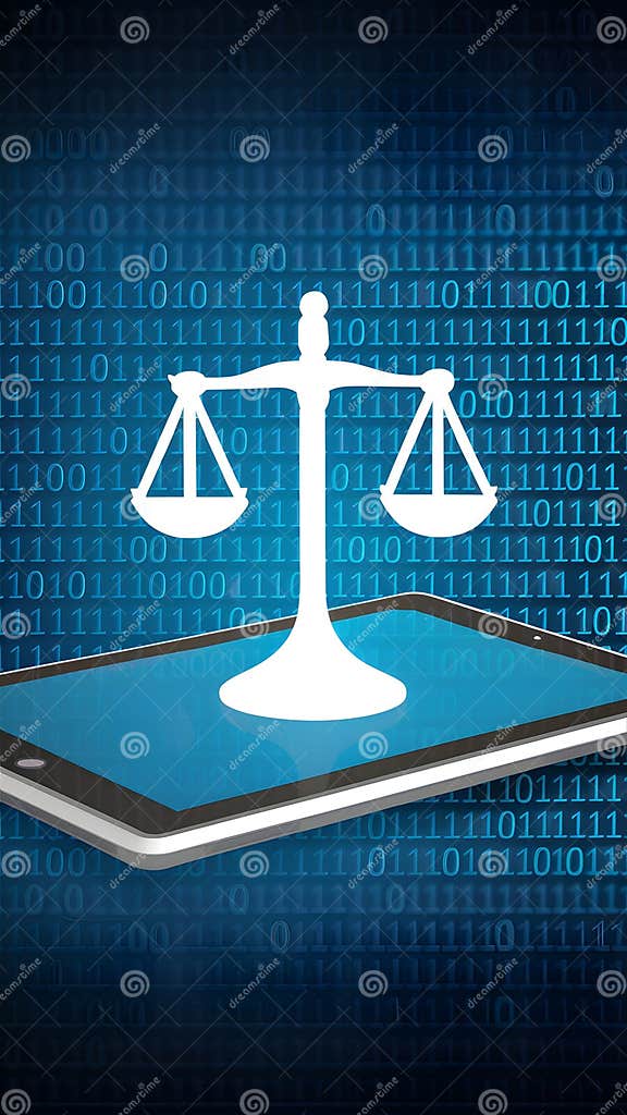 Tablet with Balance Scale Symbol, Binary Background in Deep Blue Stock ...
