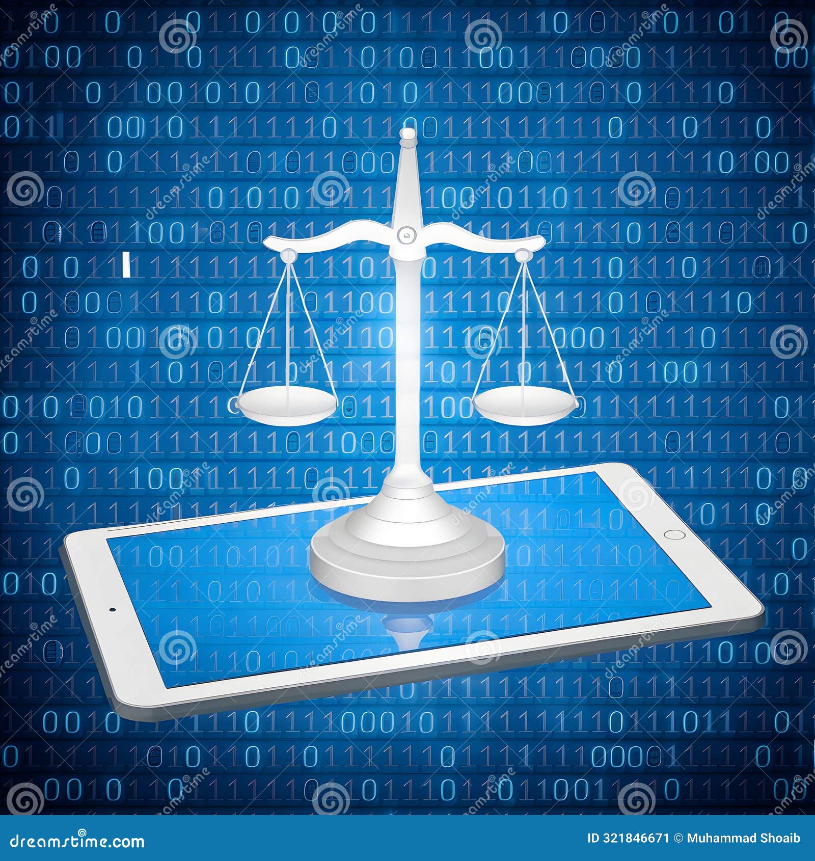 Tablet with Balance Scale Symbol, Binary Background in Deep Blue Stock ...