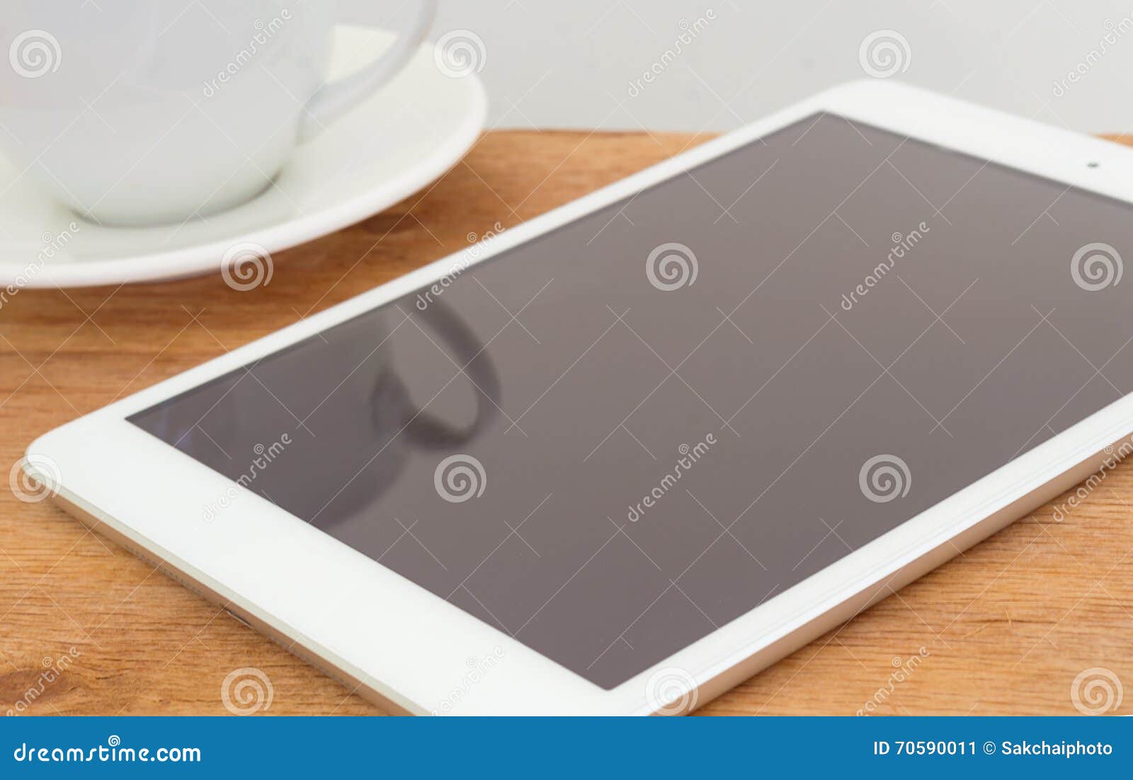 Tablet with Blank Black Screen on Wooden Table with Coffee Cup Stock ...