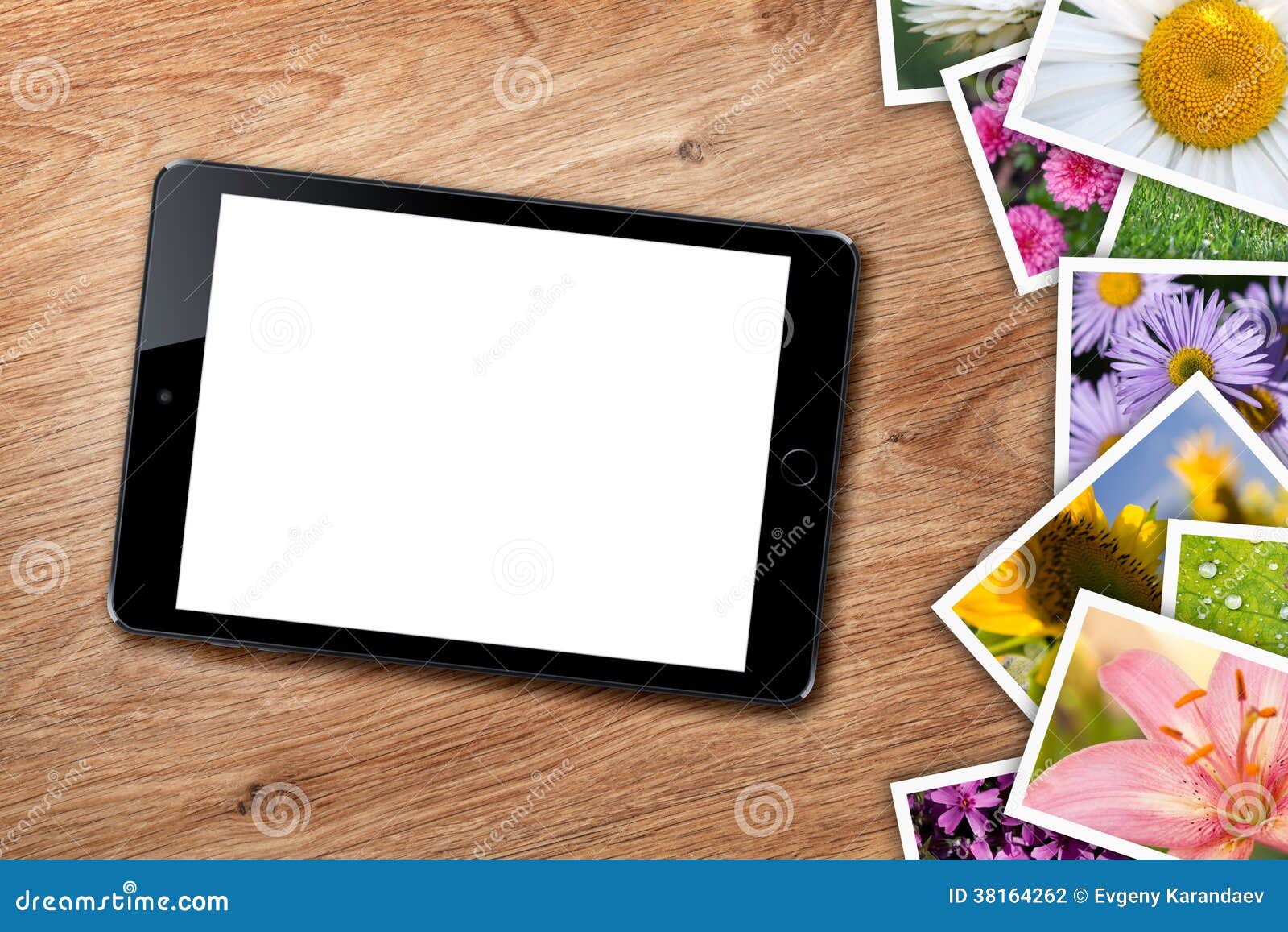 Tablet with Blank Screen and Stack of Printed Pictures Collage Stock ...