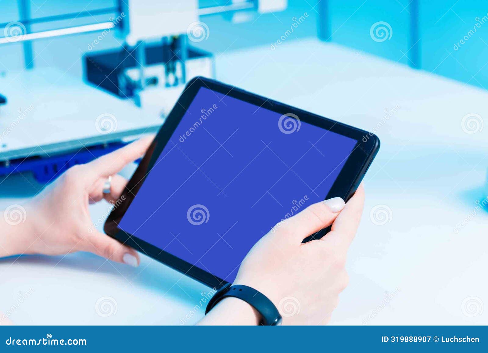 Tablet with Blue Screen in Modern Technology Laboratory Stock Image ...