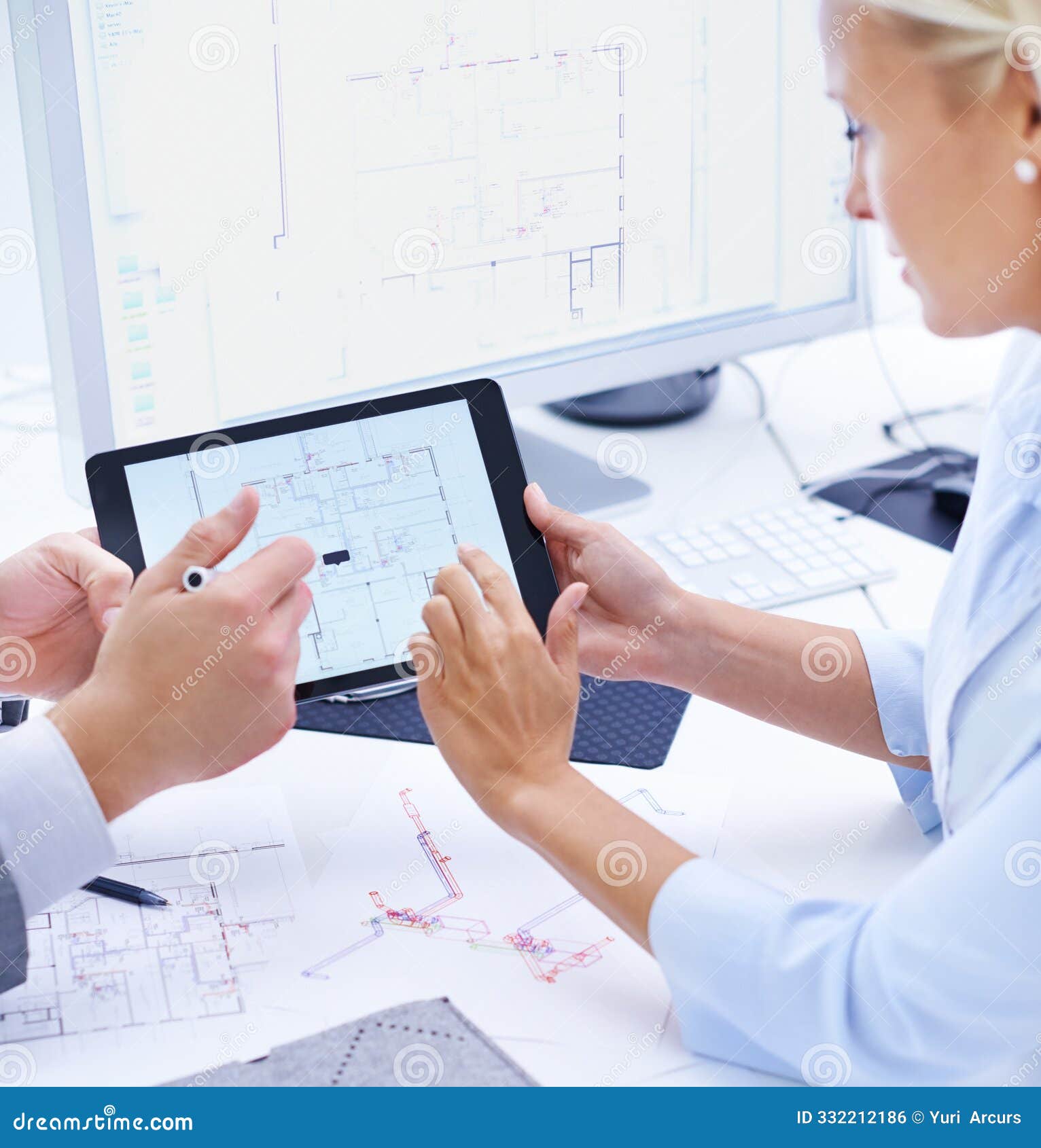 Tablet, Blueprint Screen or Woman with Engineer Planning in Meeting for ...