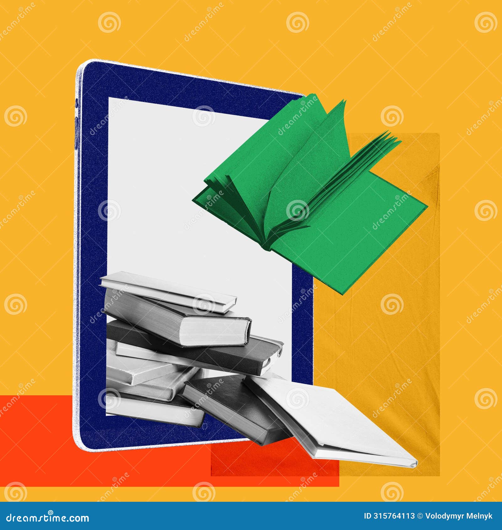 Tablet with Books Falling Out Screen. Contemporary Art Collage Stock ...