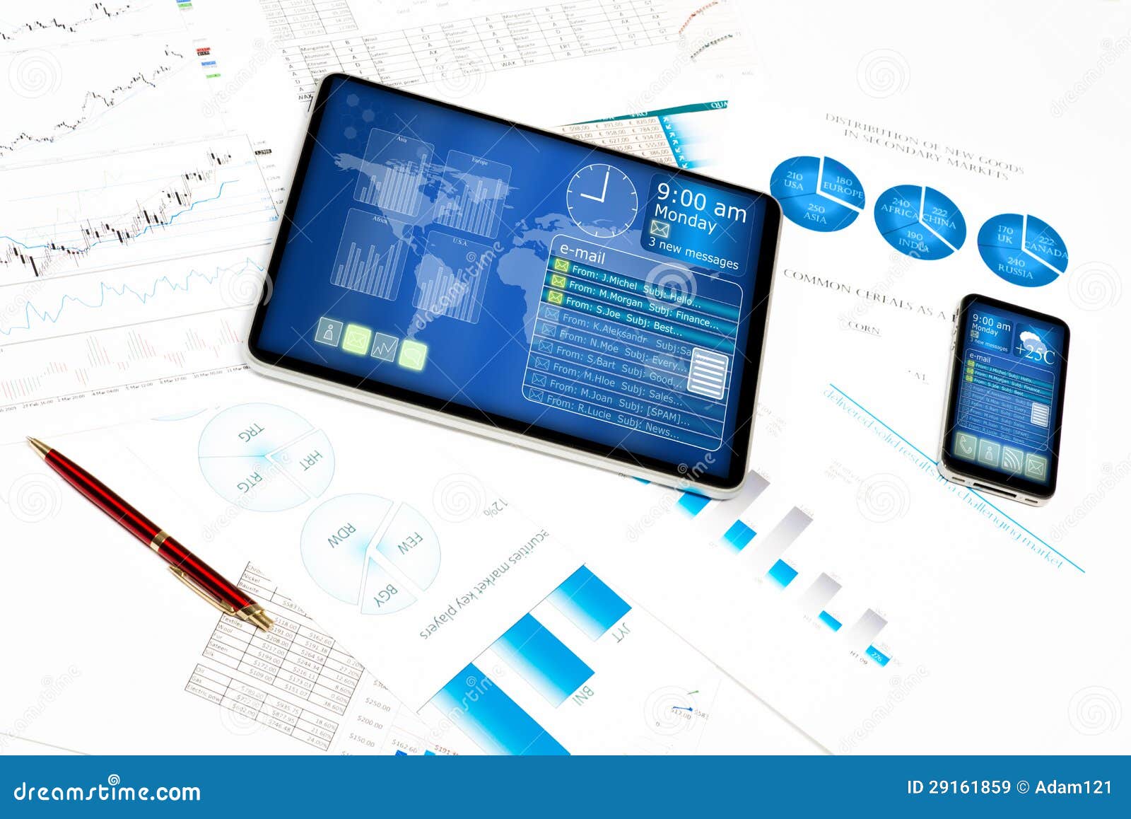 Tablet, Cell Phone and Financial Documents Stock Image - Image of ...