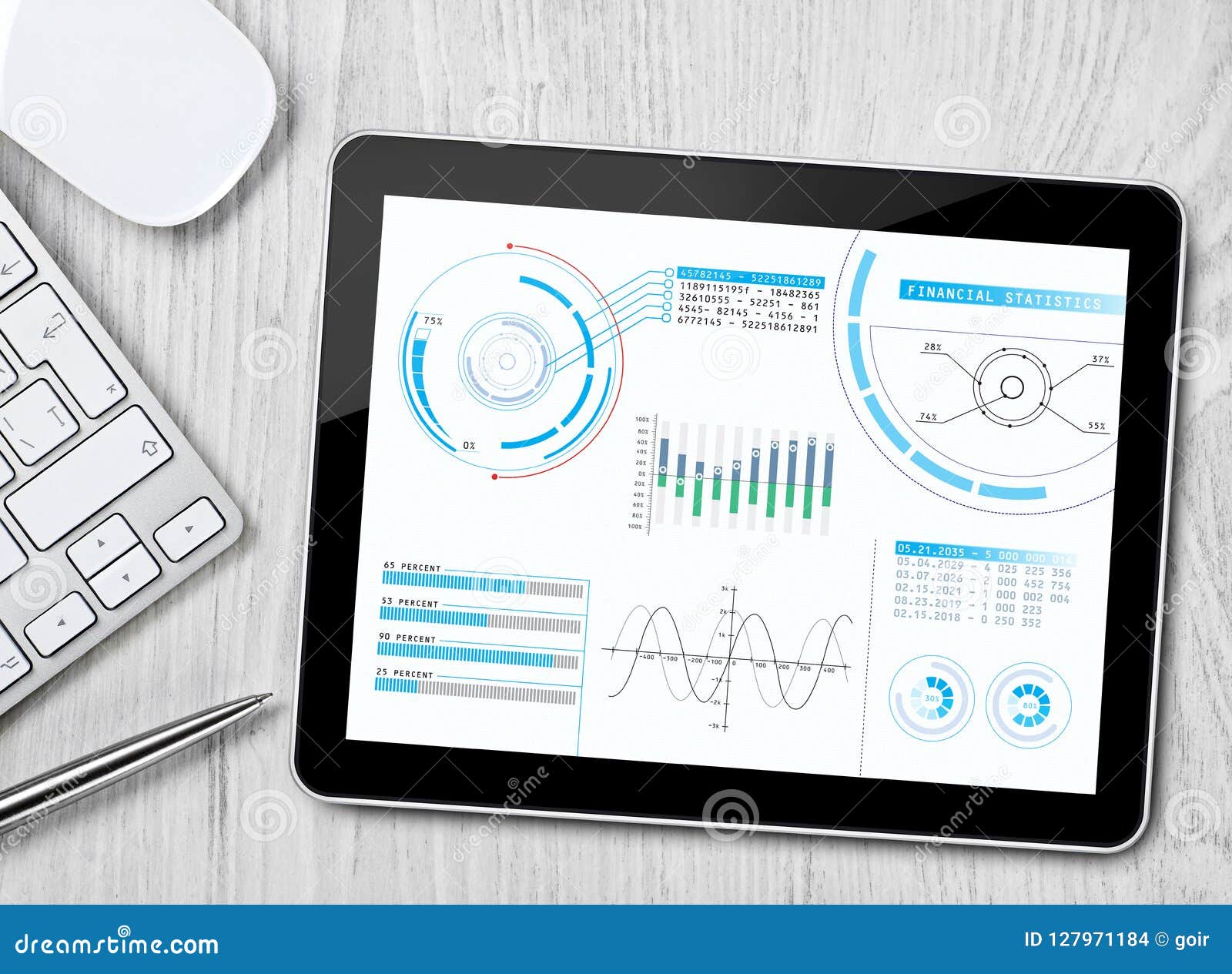 Tablet with charts on desk stock photo. Image of desktop - 127971184