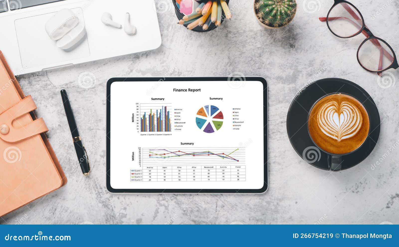Tablet with Charts and Reports on Office Desk Workplace. Top View Stock ...