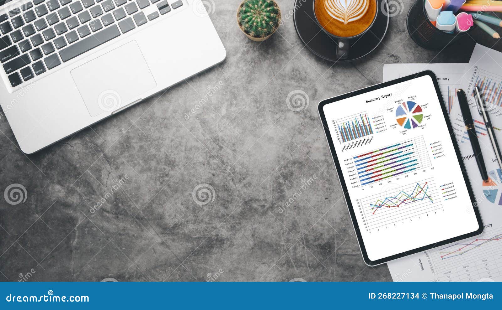 Tablet with Charts and Reports on Office Desk Workplace. Stock Photo ...