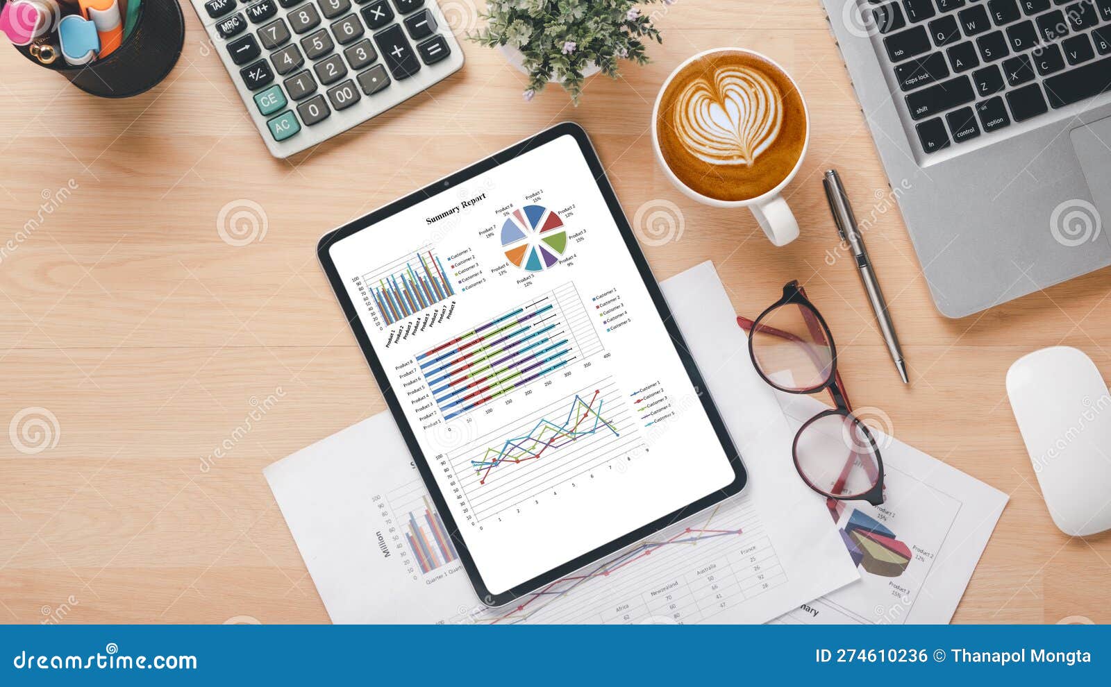 Tablet with Charts and Reports on Office Desk Workplace. Stock Photo ...