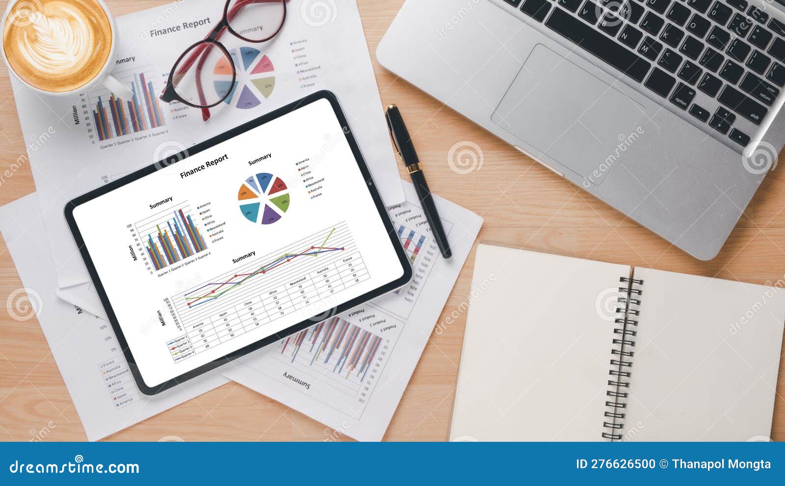 Tablet with Charts and Reports on Office Desk Workplace. Stock Photo ...