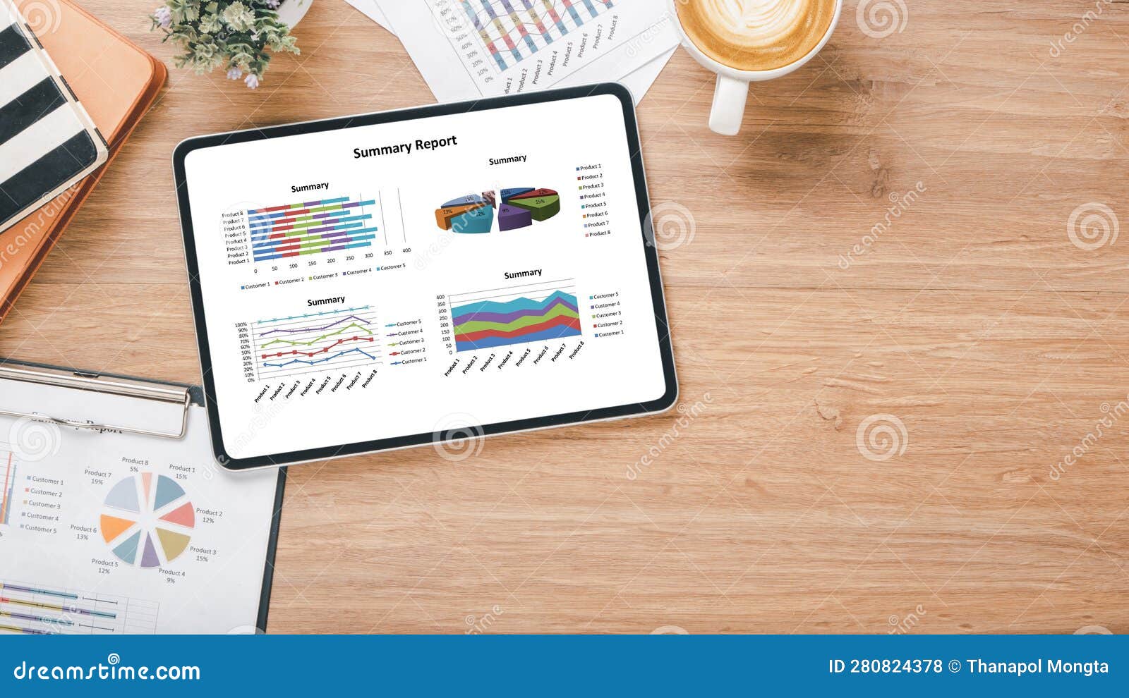 Tablet with Charts and Reports on Office Desk Workplace Stock Photo ...
