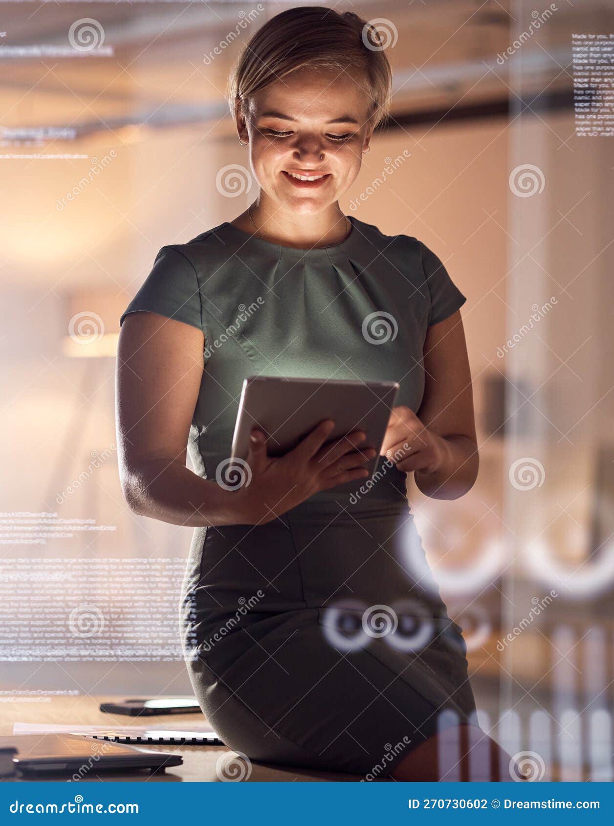 Tablet, Coding or Abstract for Business Woman in Night Office for Data ...
