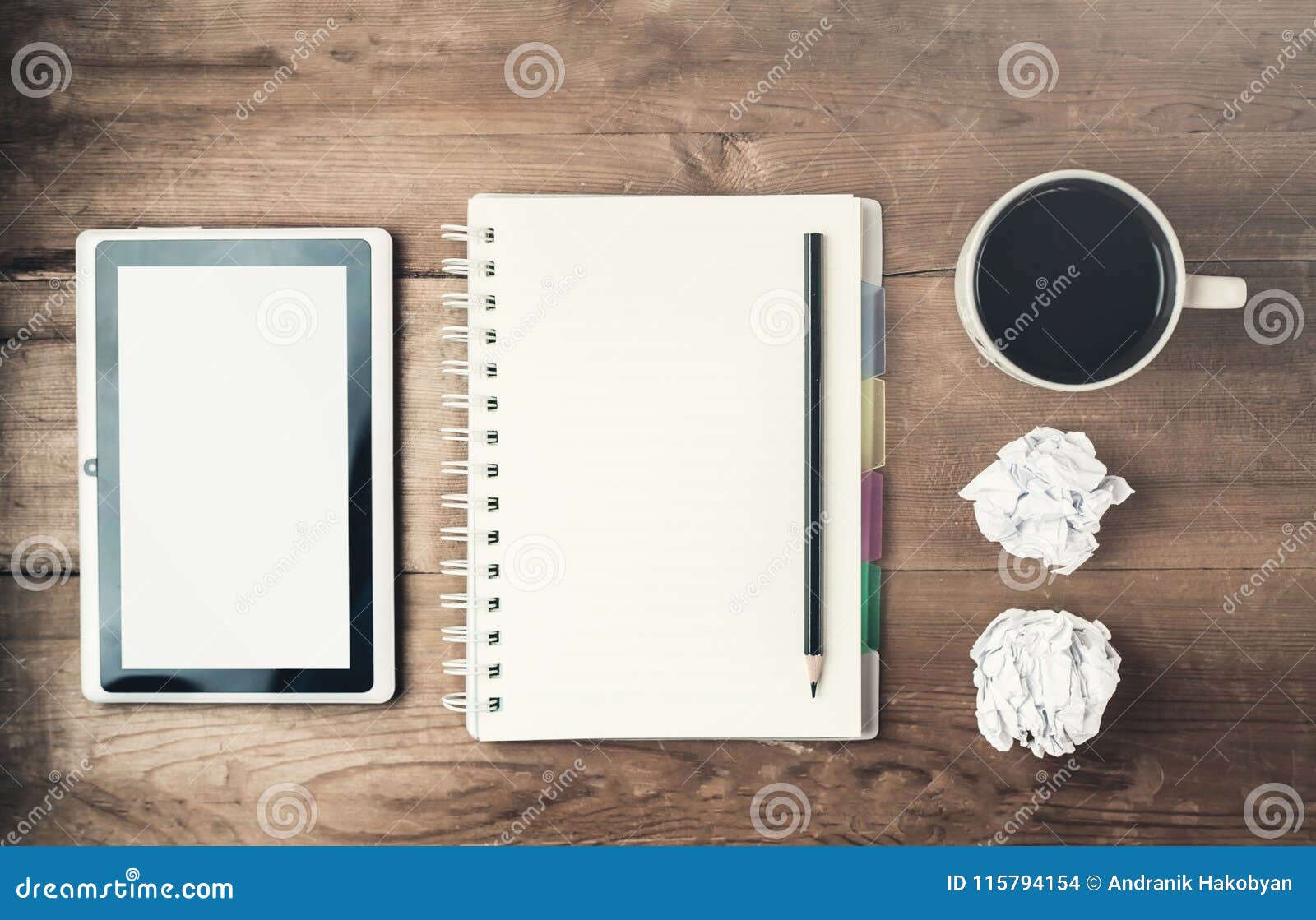 Tablet Coffee and Notebook on the Table. Stock Photo - Image of ...