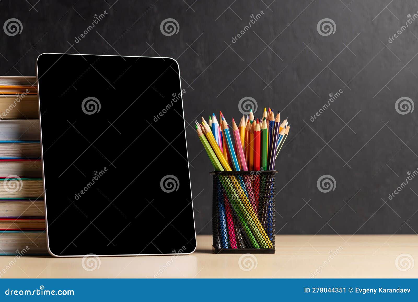 Tablet with Colorful Pencils and Stack of Books Stock Image - Image of ...