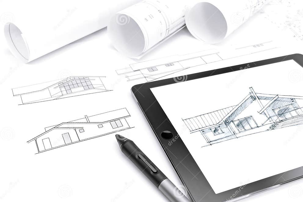 Tablet Computer with Blueprint and Rolls of Plans Stock Photo - Image ...