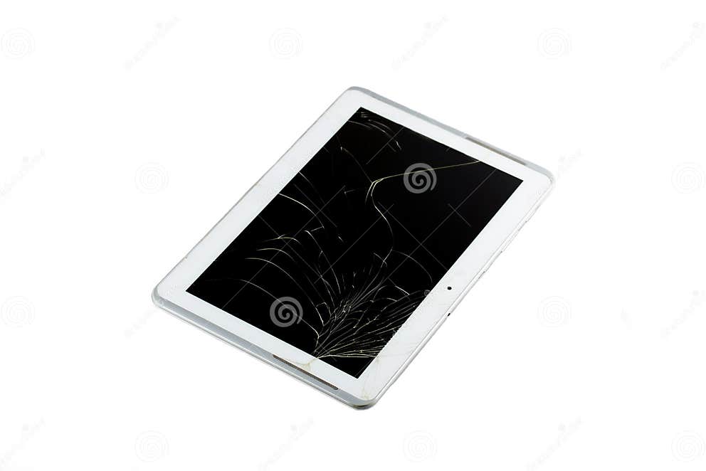 Tablet Computer with Broken Glass Screen Isolated on White Background ...