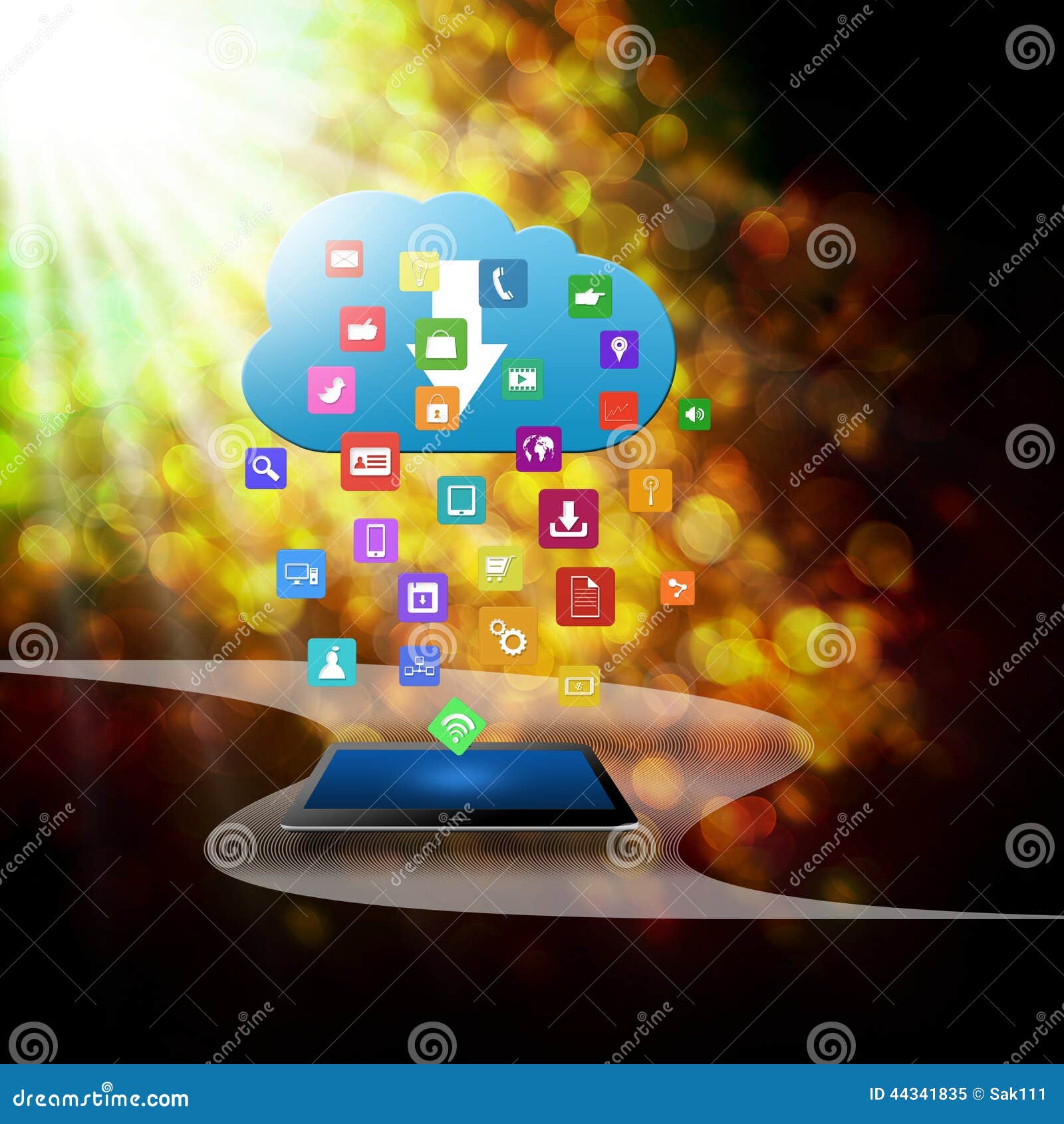 Tablet Computer with Colorful Application Icon on Abstract B Stock ...