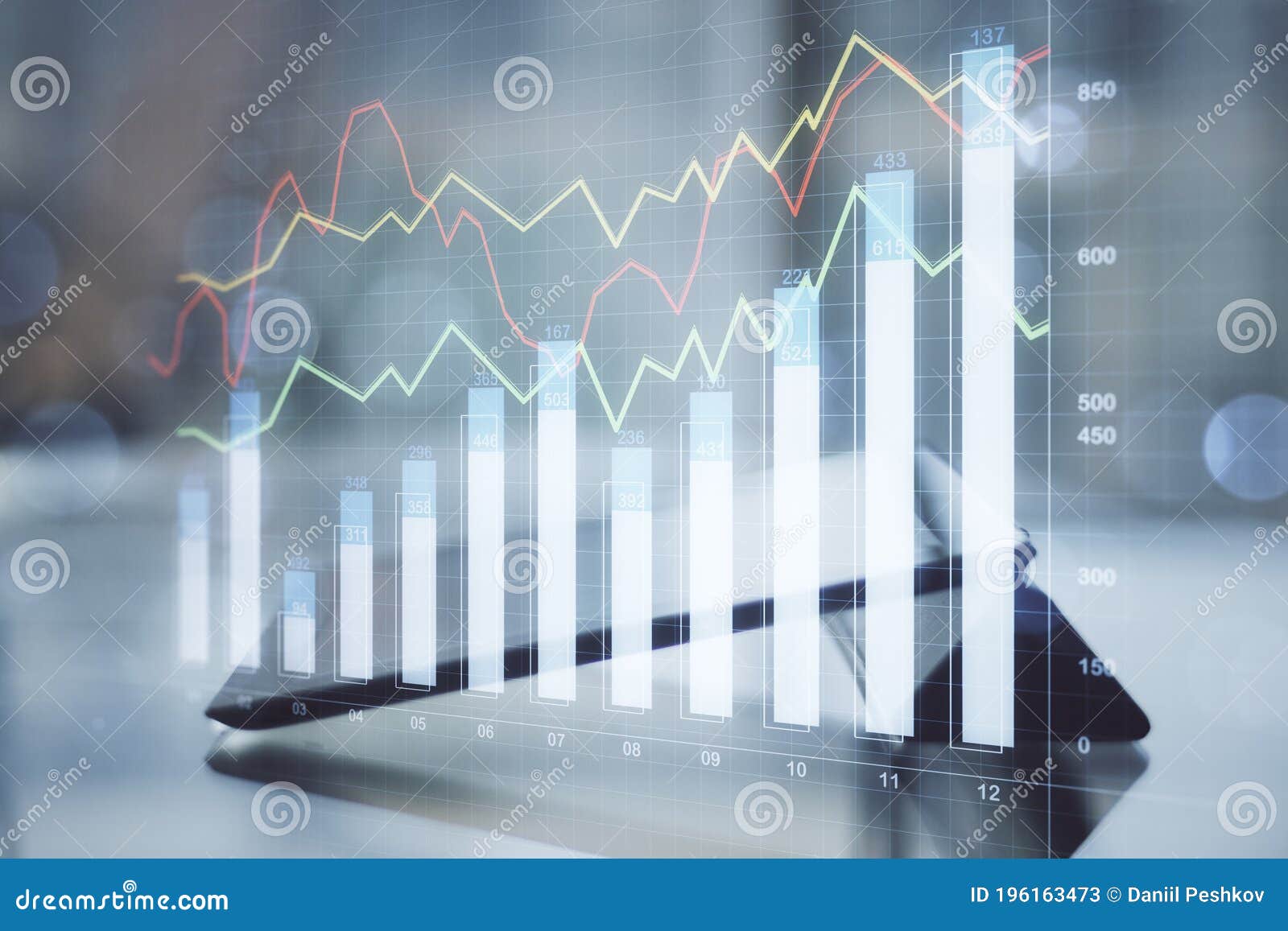Tablet Computer on Desktop with Glowing Business Chart Stock Image ...