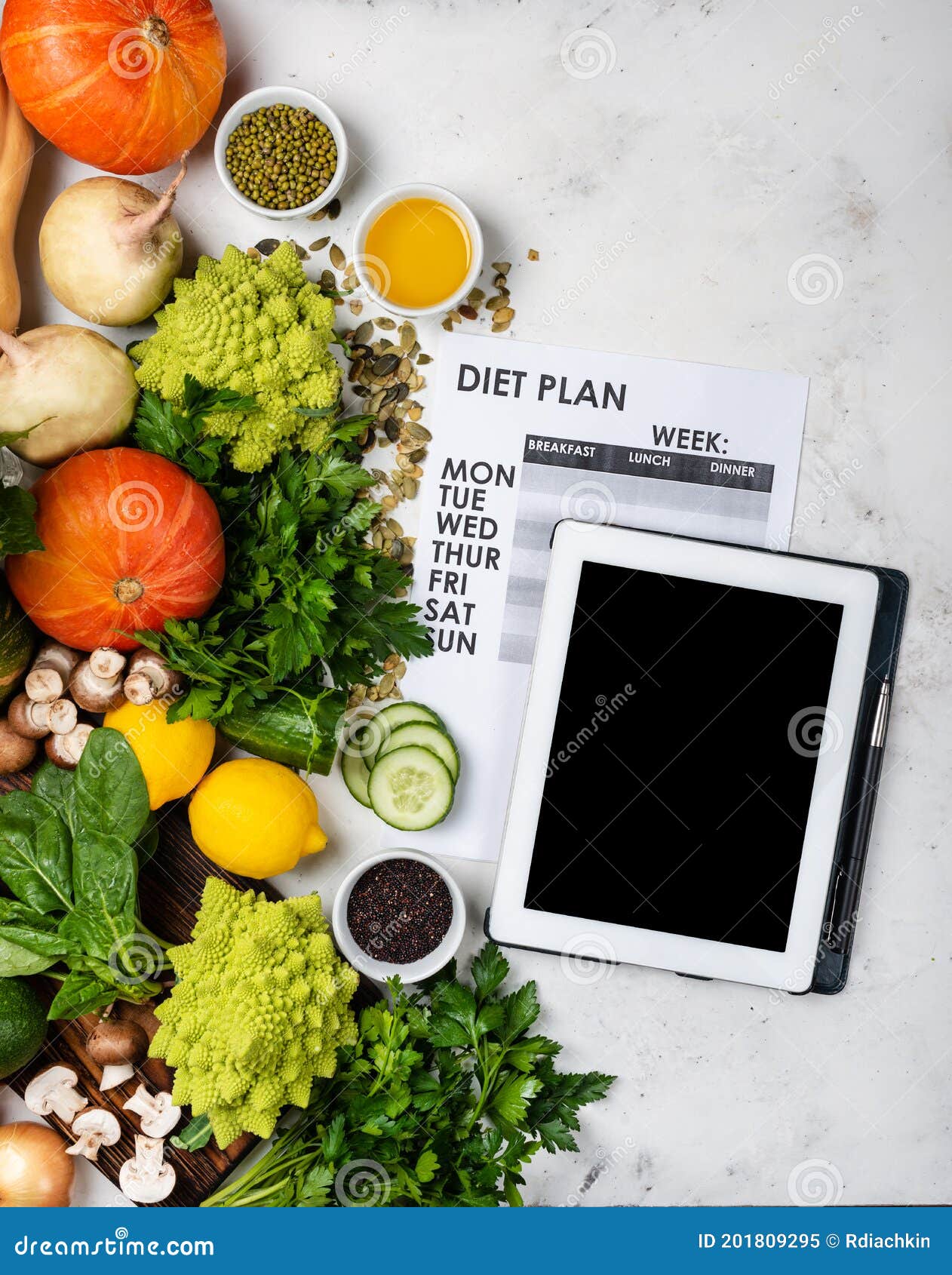 Tablet Computer Diet Plan on the Sheet and Different Vegetables and ...