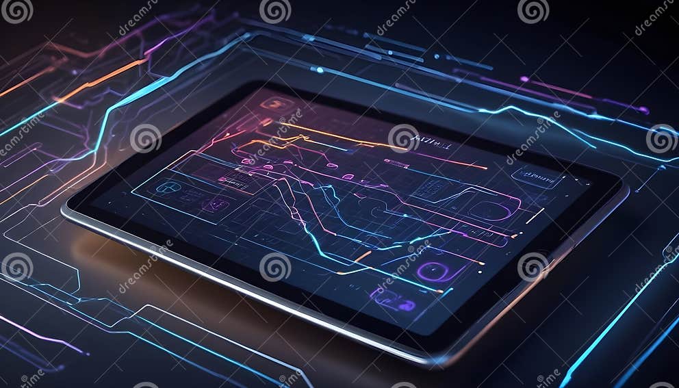 A Tablet Computer with a Digital Interface on the Screen, Surrounded by ...