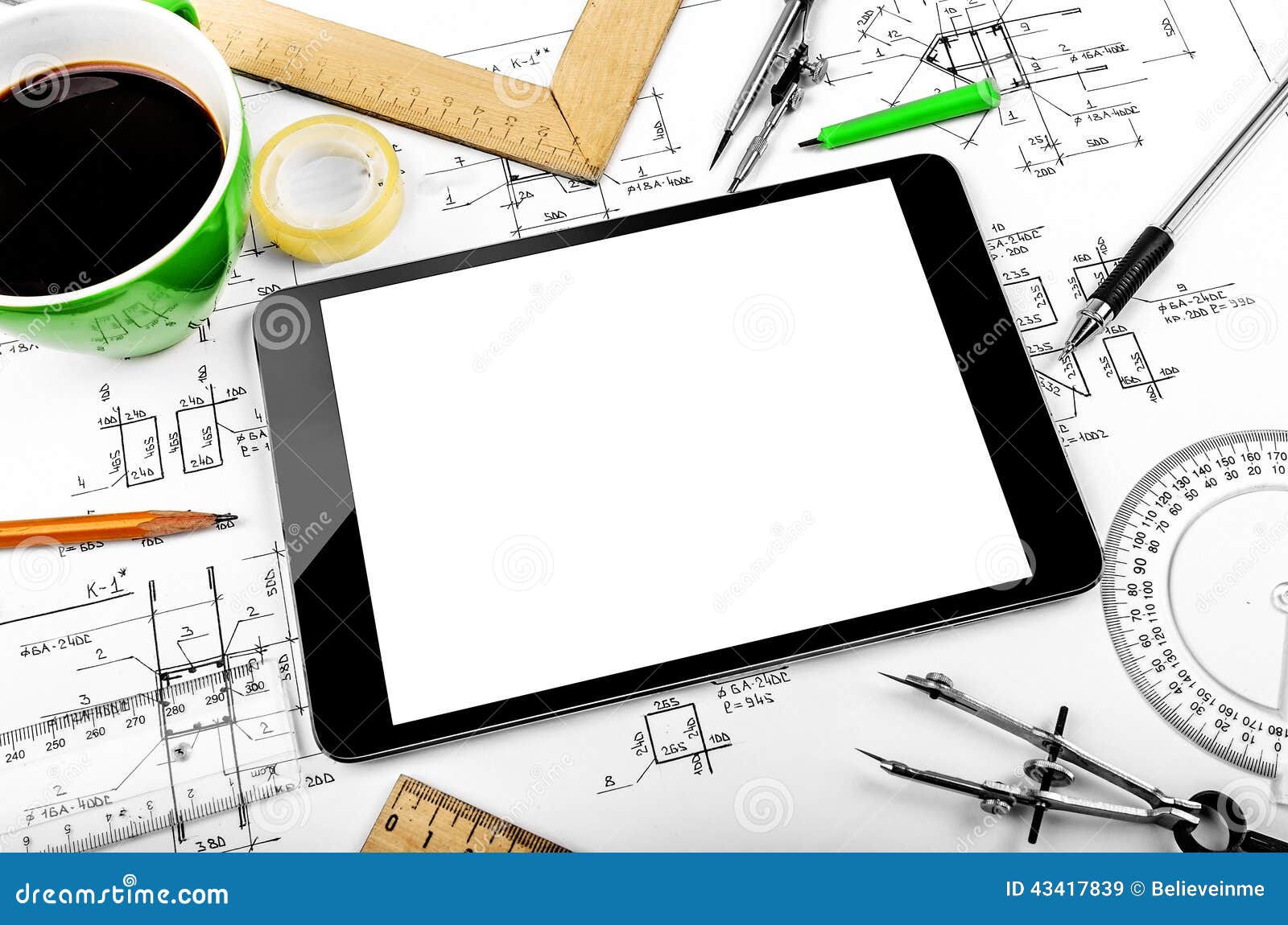 Tablet Computer and Engineering Plan Stock Image - Image of meeting ...