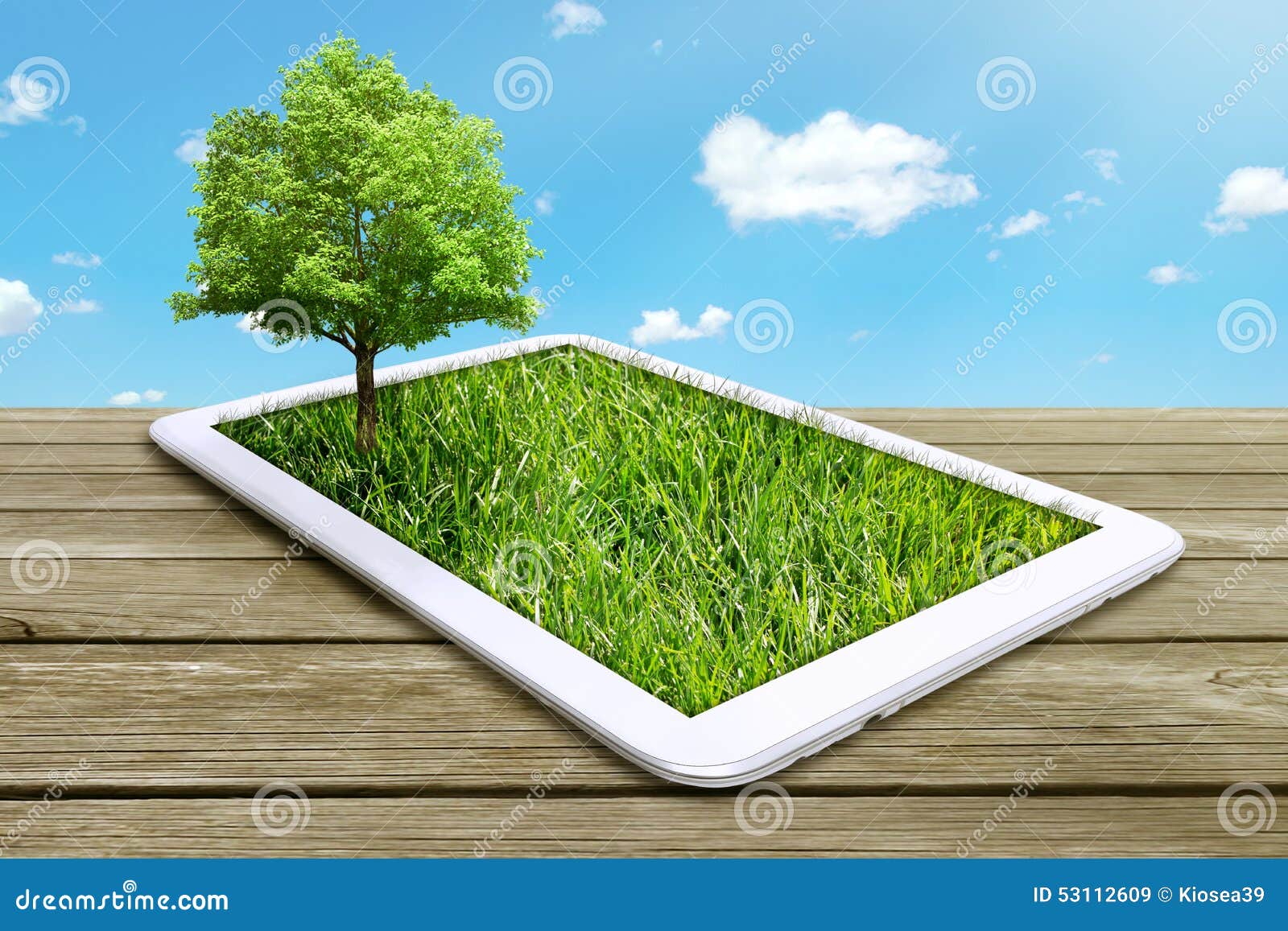 Tablet Computer with Green Grass and Tree Stock Image - Image of ...