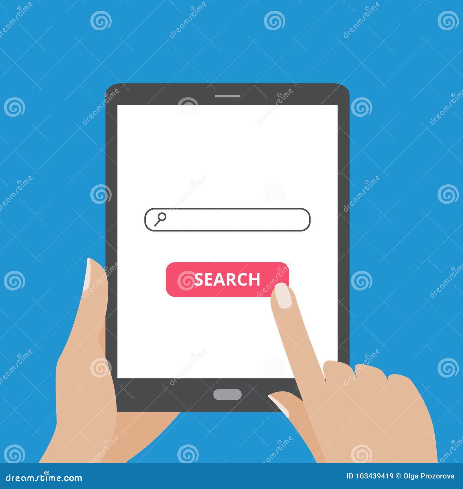 Tablet Computer with Hand Touching the Screen with Search Bar and ...