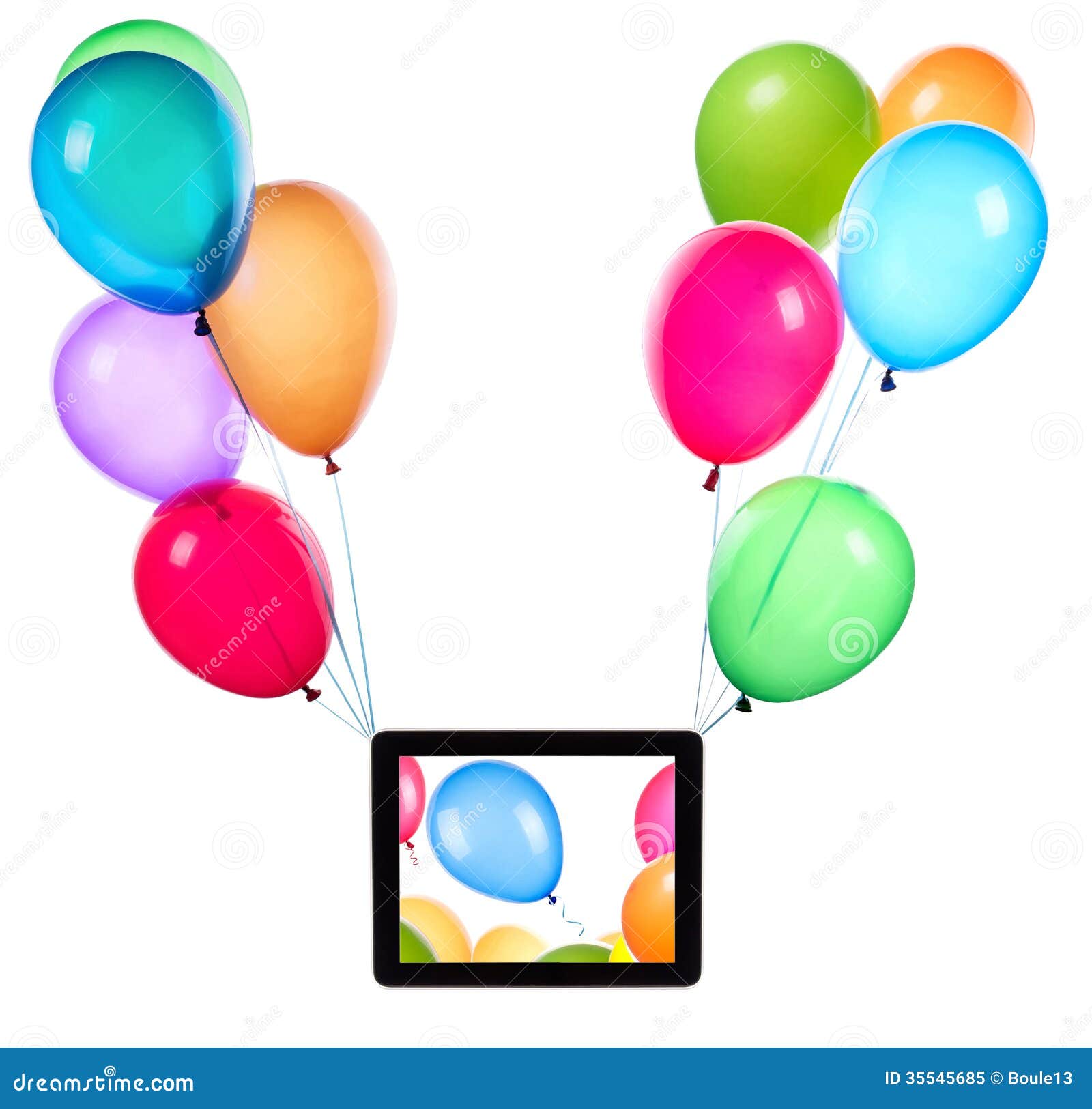 Tablet Computer Hanging on Color Balloons Stock Image - Image of ...