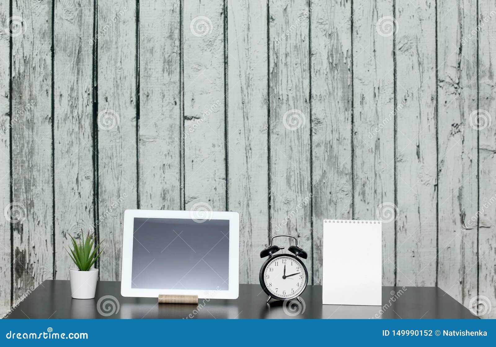 Tablet Computer, Home Plant, Notebook, Phone, Clock on the Table. Work ...