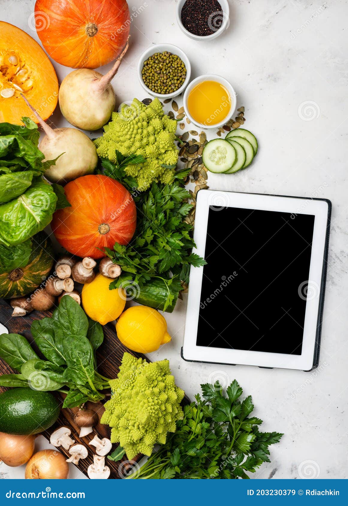 Tablet Computer with Ingredients for Cooking Healthy Food Stock Image ...