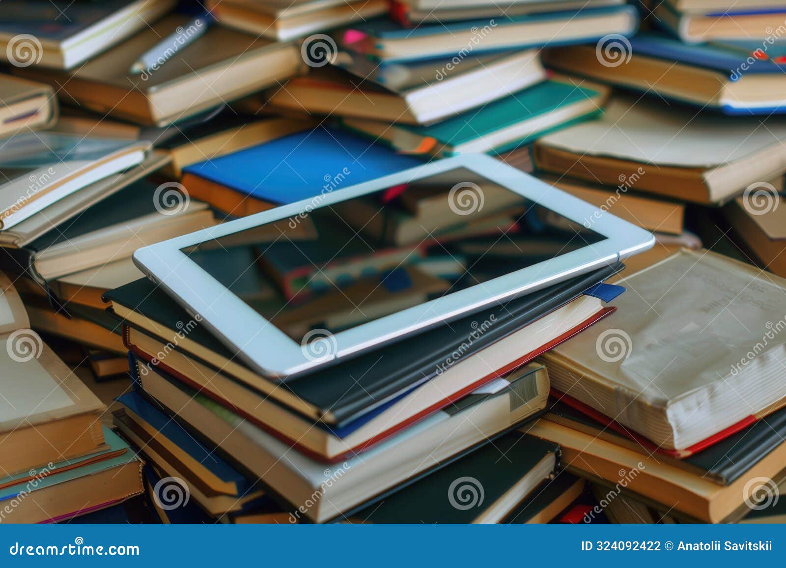 A Tablet Computer Rests Atop a Stack of Books, Signifying the ...