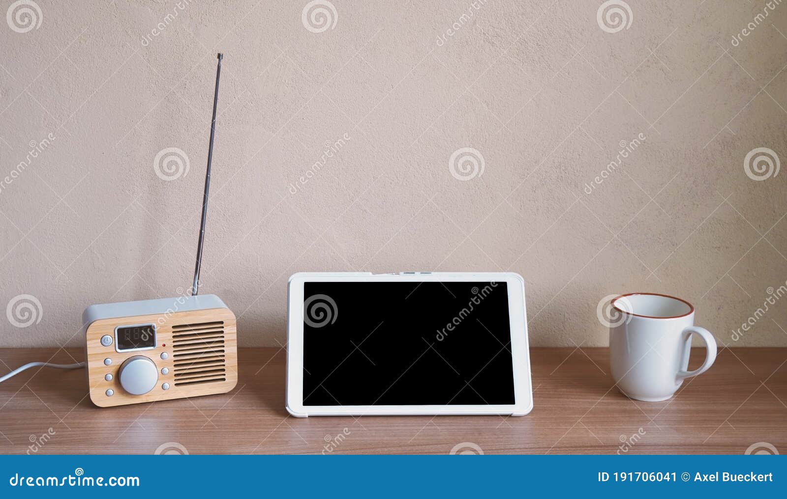 Tablet Computer with Retro Radio and Coffee Cup on Desk Stock Image ...